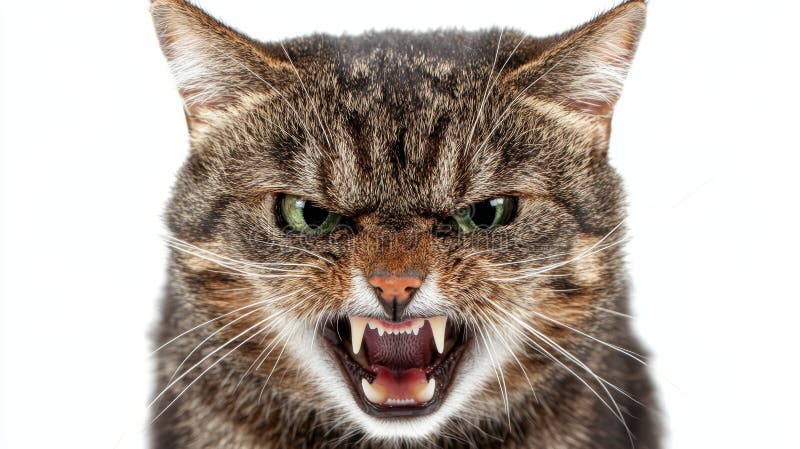 Angry, Aggressive Brown Tabby Cat Hissing with Bared Teeth, Isolated on ...