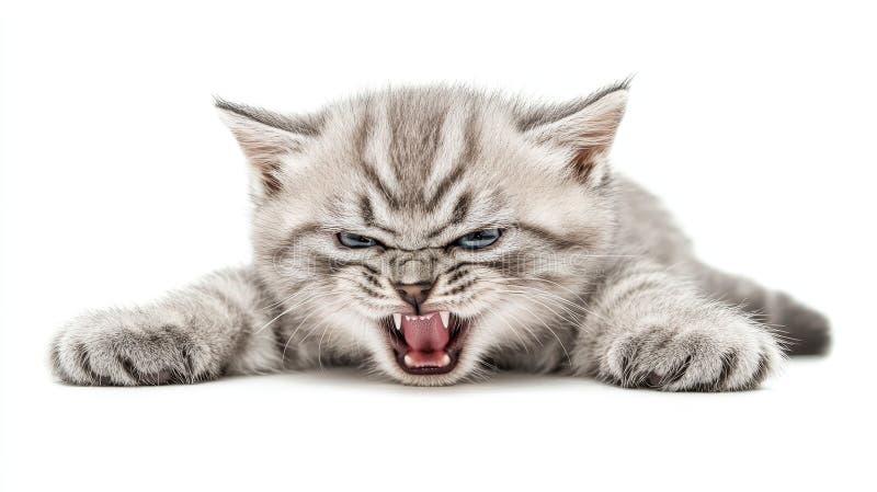 Angry, Aggressive Scottish Straight Gray Kitten Lying with Bared Teeth ...