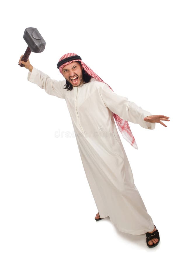 The Angry Arab Man With Hammer Isolated On White Stock Image - Image of ...