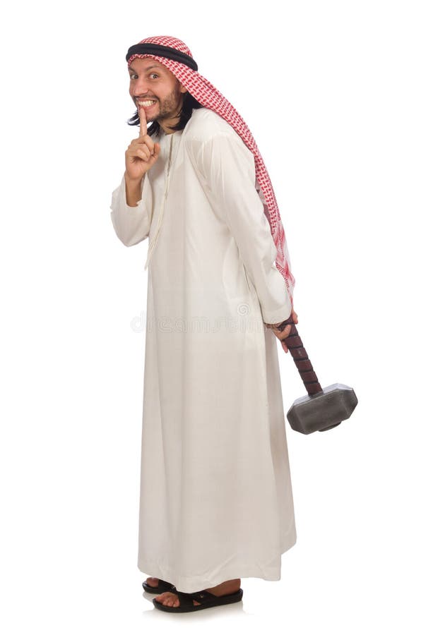 Angry Arab Man with Hammer Isolated on White Stock Photo - Image of ...