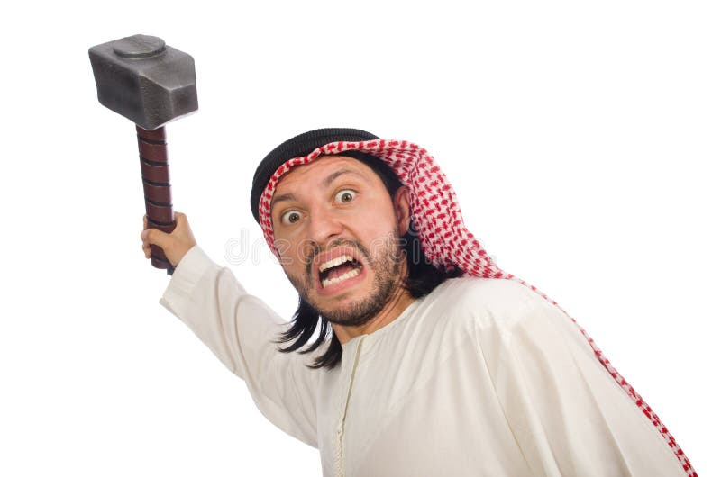 Angry Arab Man with Hammer Isolated on White Stock Photo - Image of ...