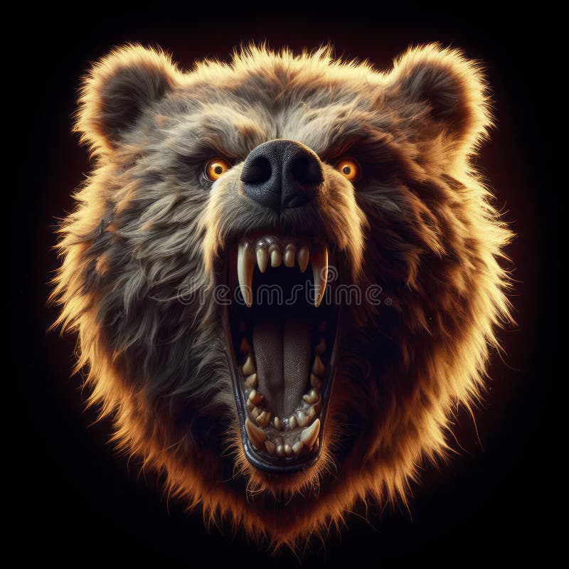 Angry Bear with Huge Eyes and Open Mouth Isolated on Black Background ...