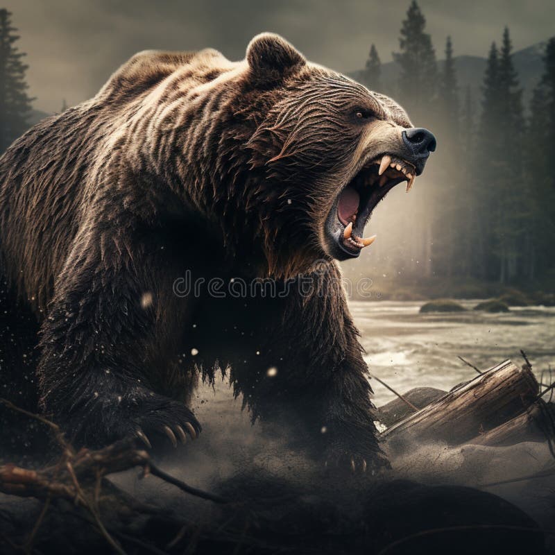 Angry Bear Real Water Images Generative AI Stock Image - Image of ...