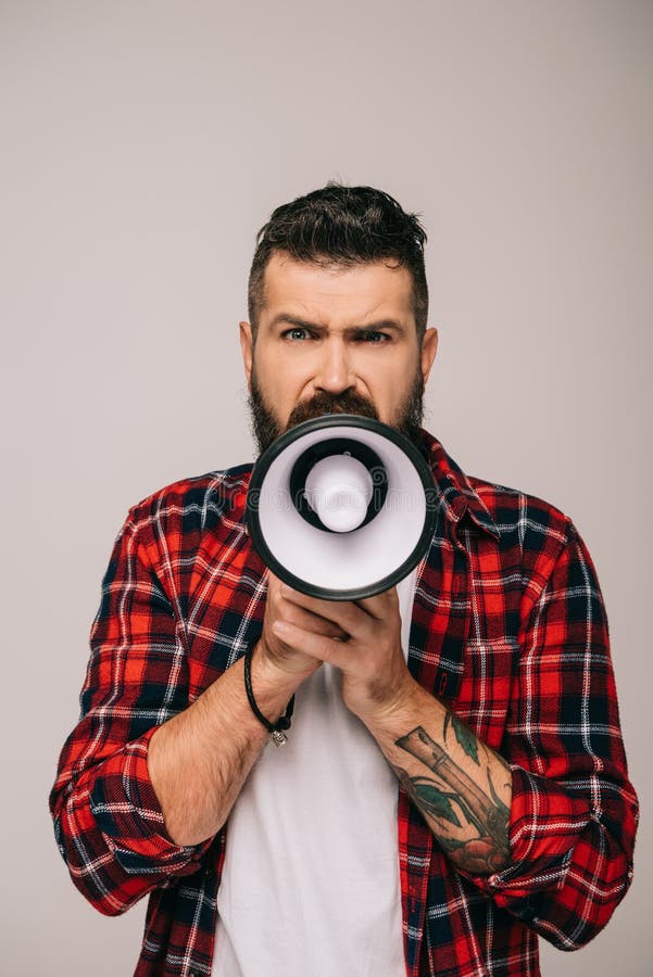 Angry Bearded Man Yelling into Megaphone, Isolated Stock Image - Image ...