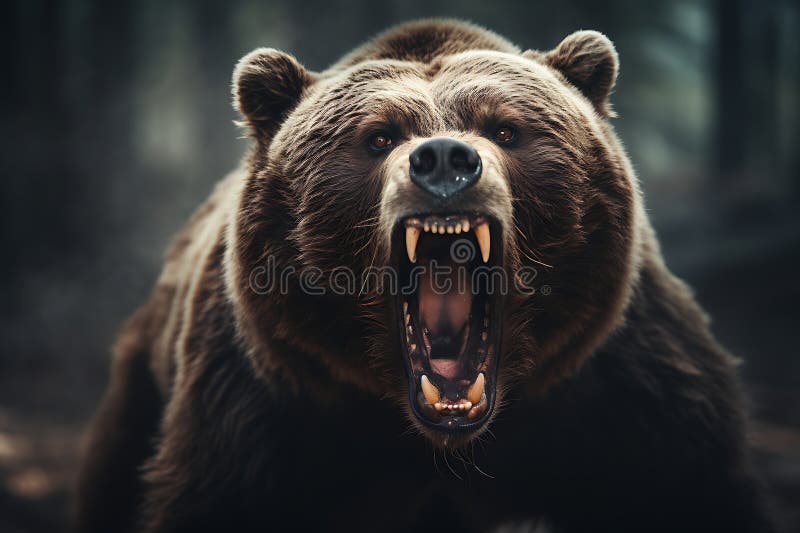 Angry Big Brown Bear with Open Mouth in Forest. Halloween Concept Stock ...