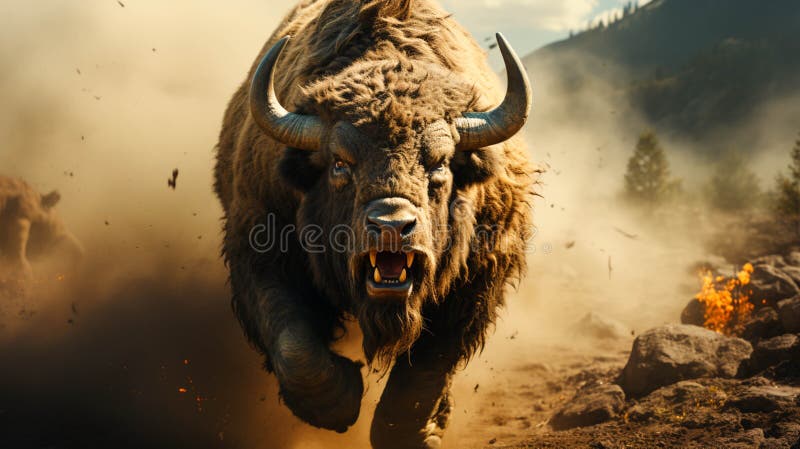 Angry Bison Running To Fight Stock Image - Image of american, animal ...