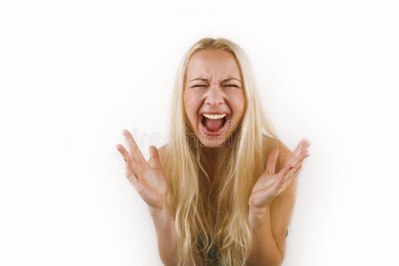 Angry Blonde Girl in Casual T Shirt Raising Hand Furious at Camera ...