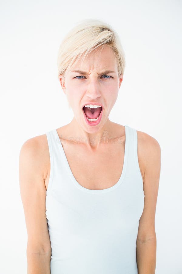 Angry Blonde Woman Screaming and Raising Hands in Anger. Negative ...