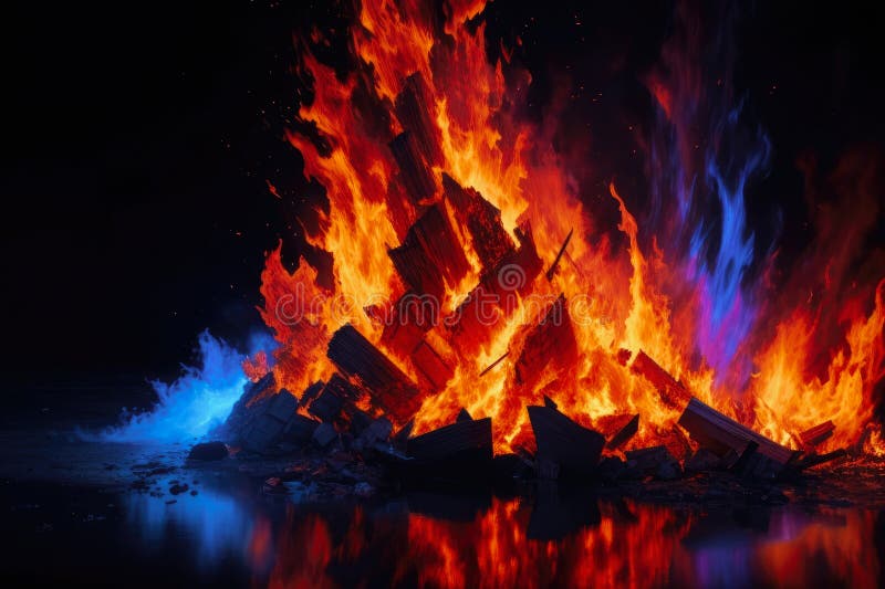 Angry Bonfire Burning with Blue and Yellow Flames Stock Illustration ...