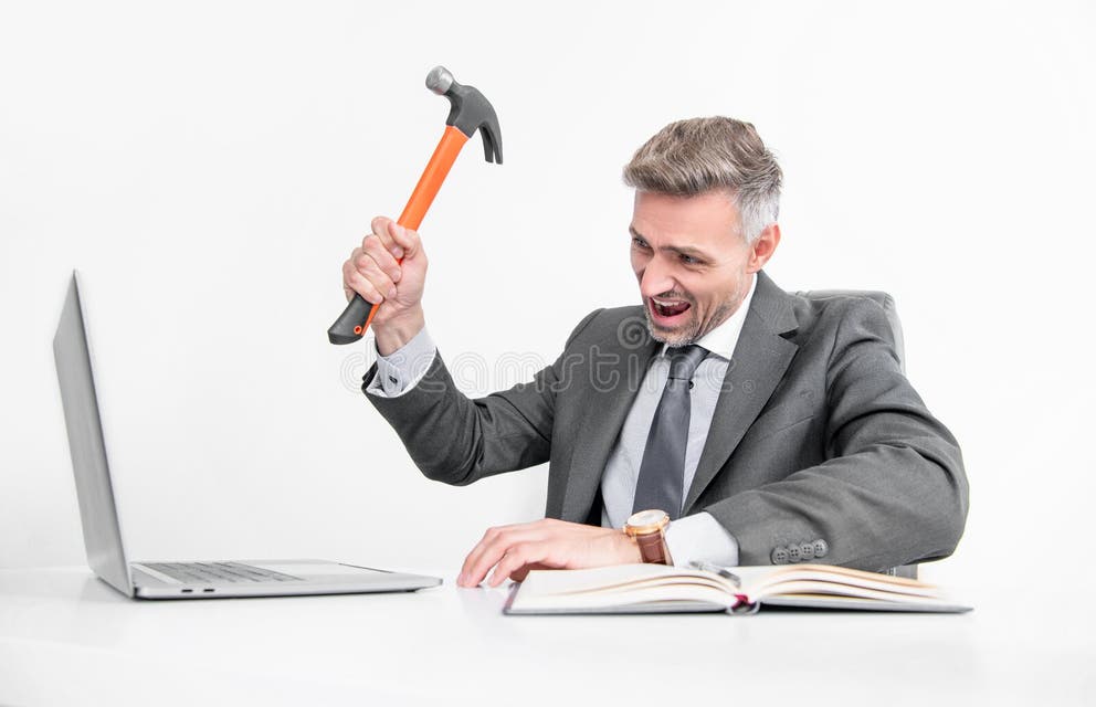 Angry Boss Hitting Laptop with Hammer in Office Stock Image - Image of ...