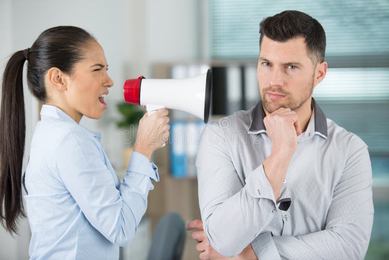 Angry Boss with Megaphone Screaming at Oblivious Employee in Office ...
