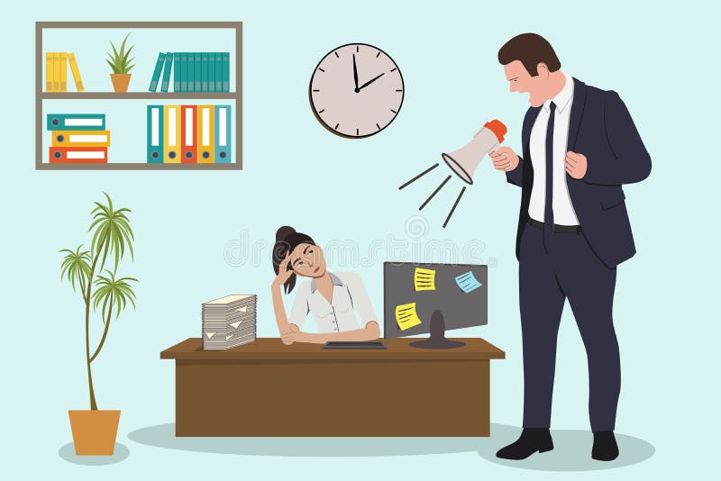 Angry Boss Is Shouting To His Employee Woman Via Megaphone Office