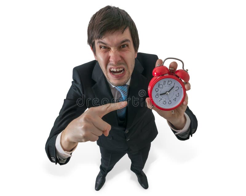 Angry Boss is Yelling and Pointing on Clock. Deadline Concept Stock ...