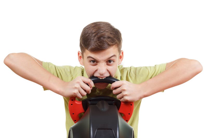 Angry Boy Plays a Driving Game Console, on White Stock Photo - Image of ...