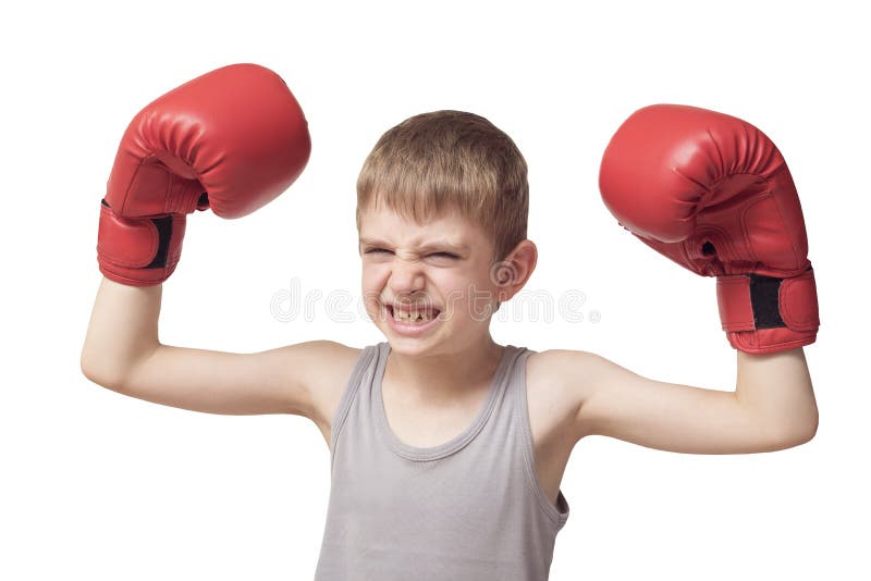 Angry Boy in Red Boxing Gloves. Isolated Stock Photo - Image of white ...