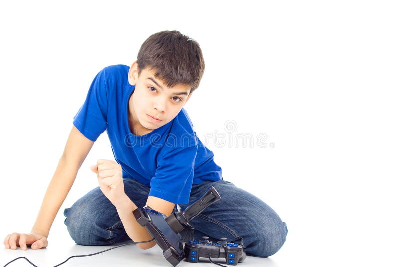 Boy with Computer and with Two Joysticks Stock Image - Image of anger ...