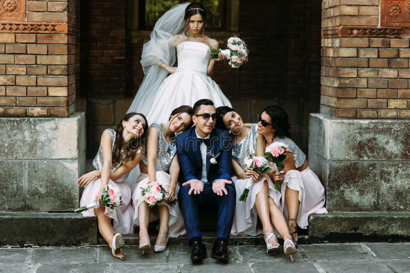 Angry Bride and Groom with the Bridesmaids Stock Image - Image of ...