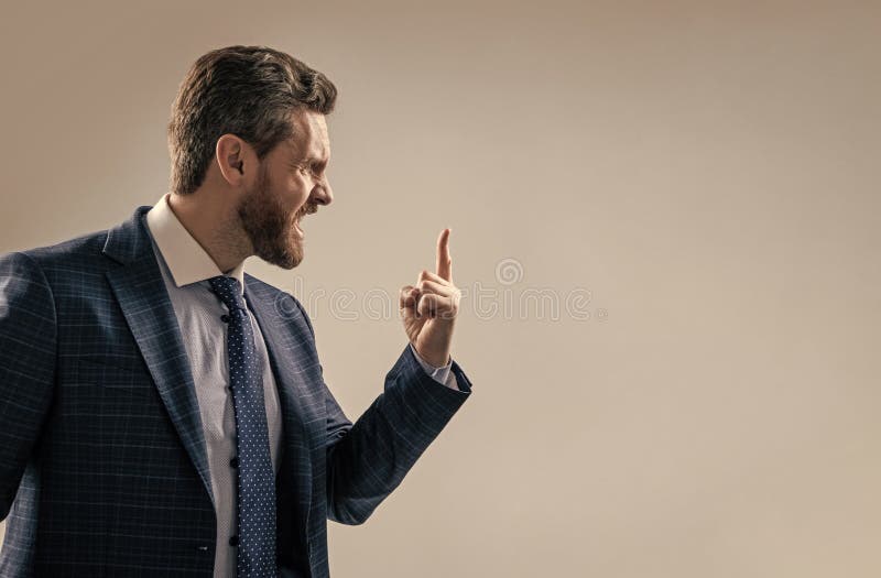 Angry Broker Man in Formal Wear Sideway Keep Finger Raised Grey ...