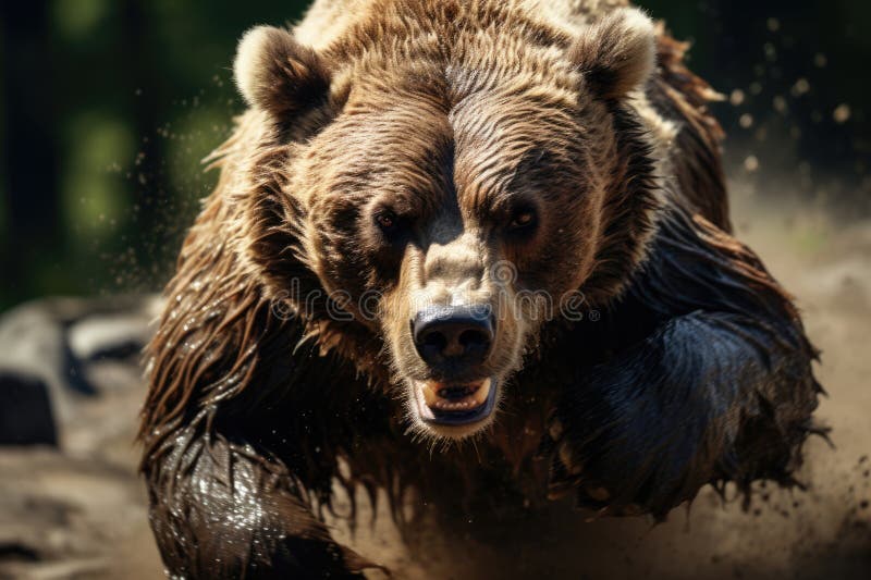 Angry Brown Bear Running Along a Forest Road Stock Image - Image of ...