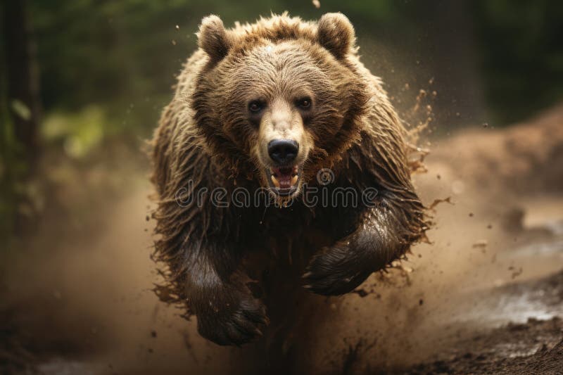 Angry Brown Bear Running Along a Forest Road Stock Image - Image of ...