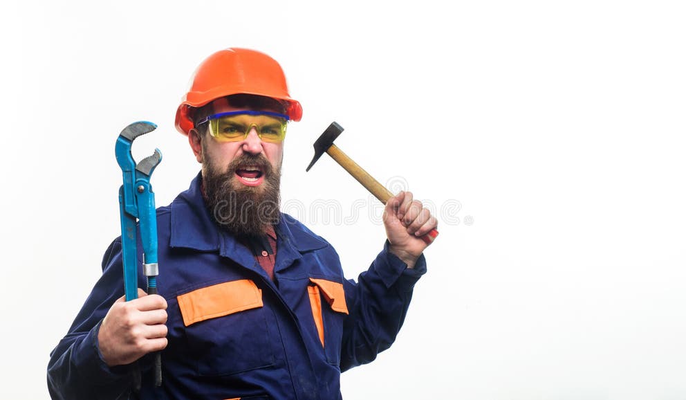 Angry Builder in Hard Hat with Adjustable Pipe Wrench and Hammer ...