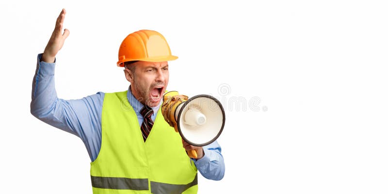 Angry Builder Worker Shouting in Megaphone Standing Over White ...