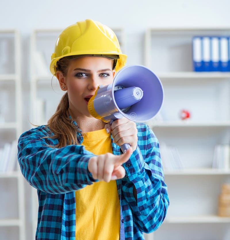 Angry Building Supervisor with Megaphone Stock Photo - Image of helmet ...