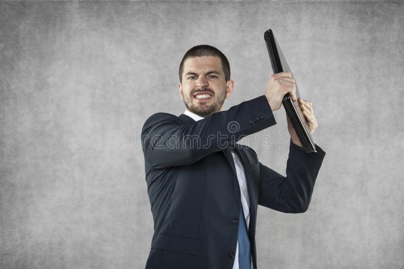 Angry Business Man Destroying Computer Stock Image - Image of hatred ...