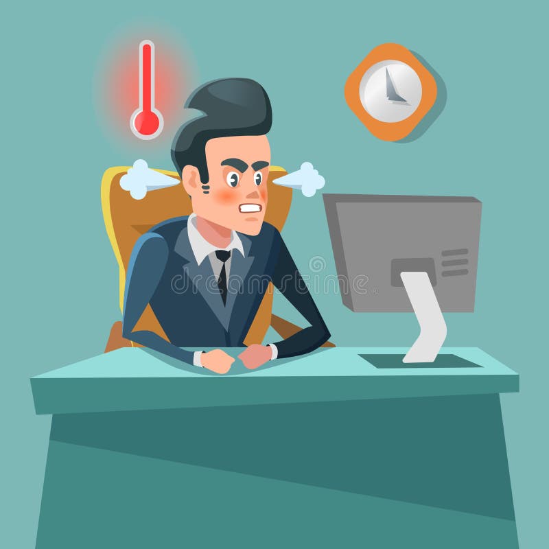 Angry Businessman Cartoon with Computer. Stress at Work Stock Vector ...