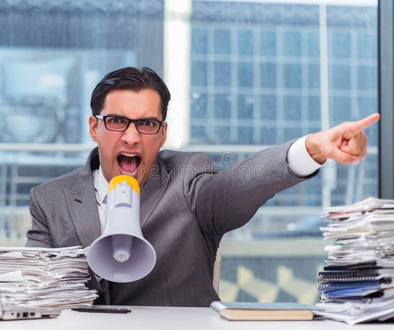 Angry Businessman with Loudspeaker in the Office Stock Photo - Image of ...