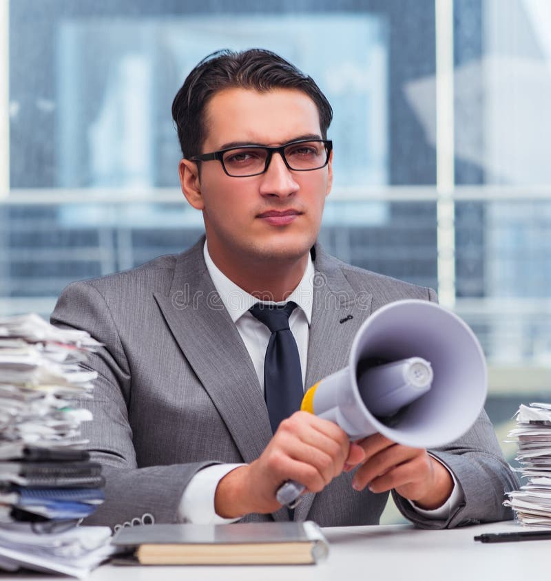 Angry Businessman with Loudspeaker in the Office Stock Image - Image of ...