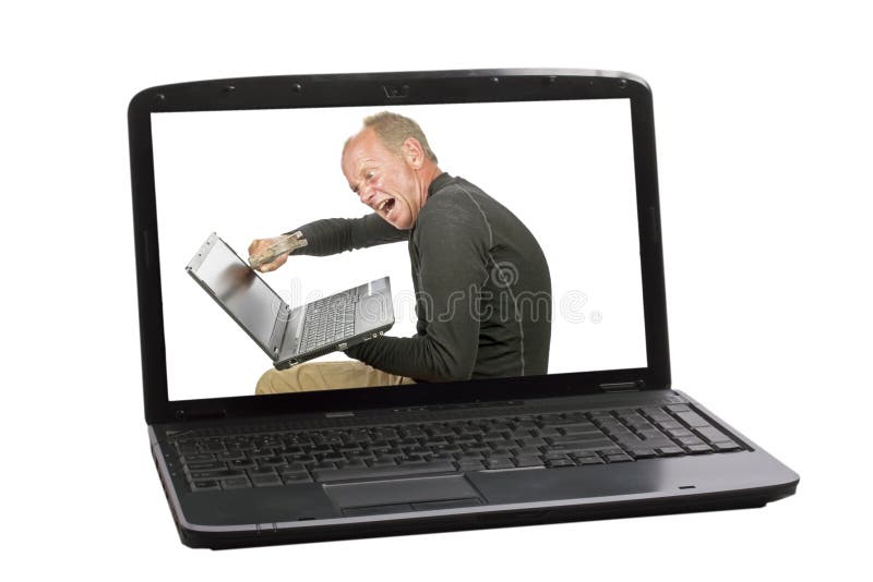Angry Businessman in Screen from a Laptop Stock Image - Image of hammer ...