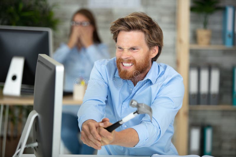 Angry Businessman Smash Computers Screen with Hammer Stock Image ...