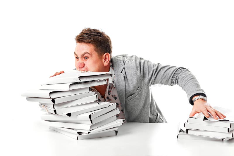 Angry Businessman with Stack of Papers. on White Backgr Stock Image ...