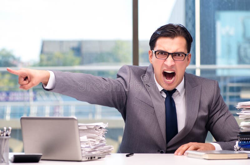 Angry Businessman with Too Much Work in Office Stock Photo - Image of ...