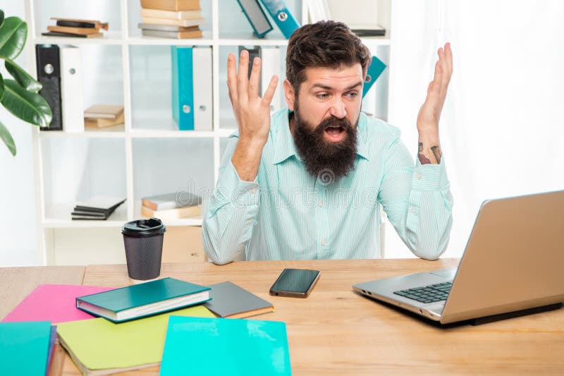 Angry Businessman Working on Laptop at Office Desk, Work Stock Photo ...