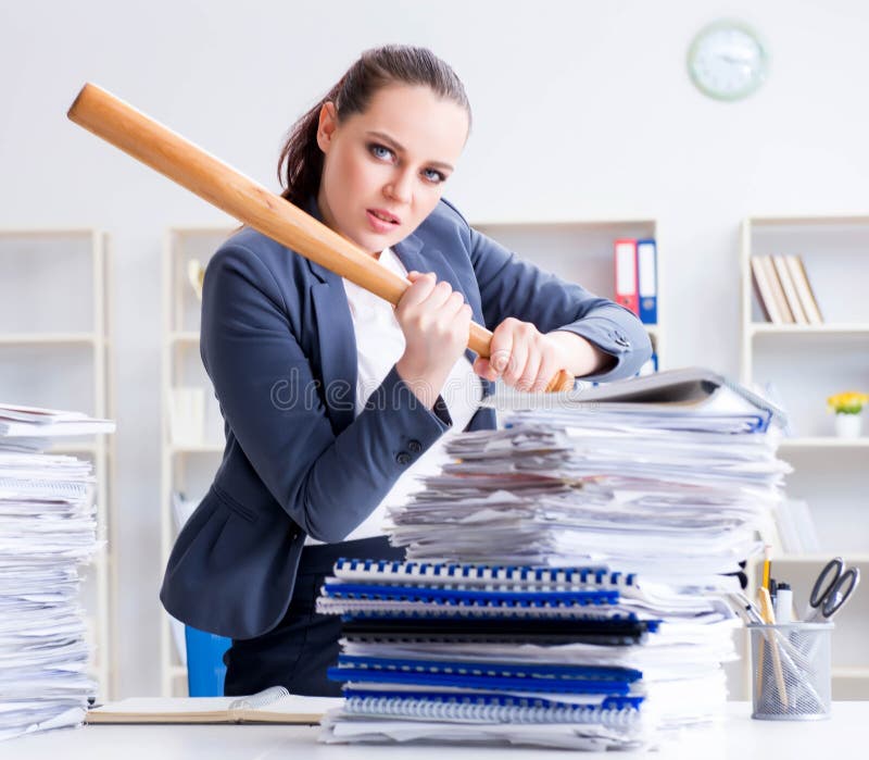 Angry Businesswoman with Baseball Bat in Office Stock Photo - Image of ...