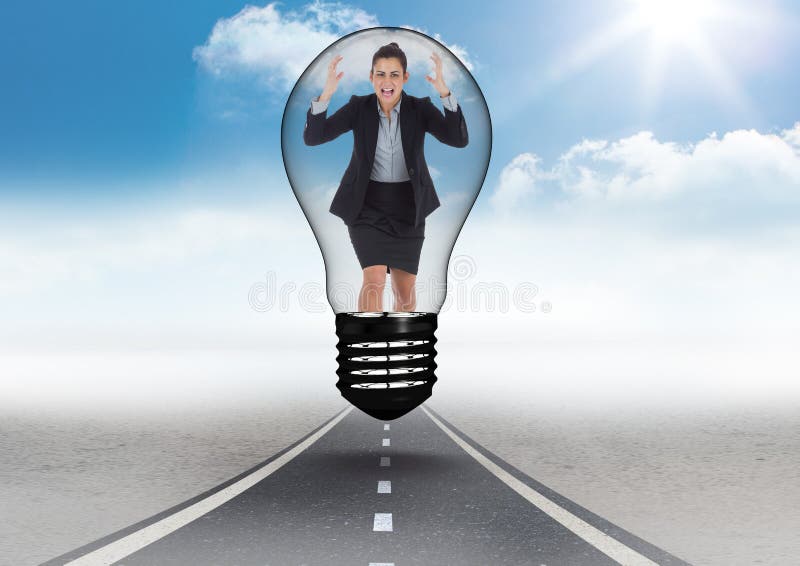 Angry Businesswoman in Light Bulb Over Road Stock Image - Image of ...