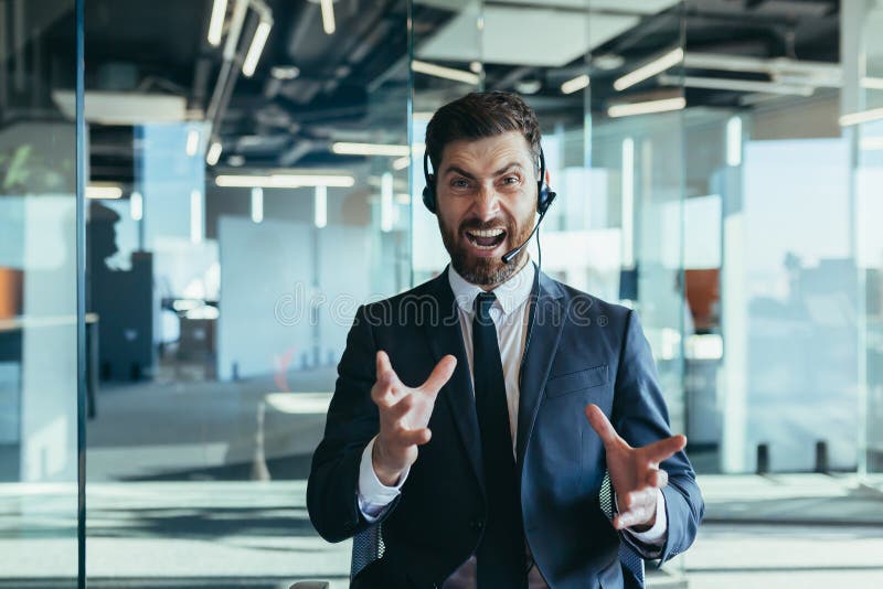 Angry Call Center Operator, Looking at Camera and Shouting in Anger ...