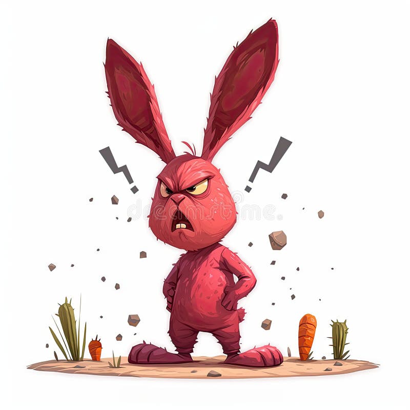 Angry Cartoon Bunny with Big Ears, Standing on Desert Ground Stock ...