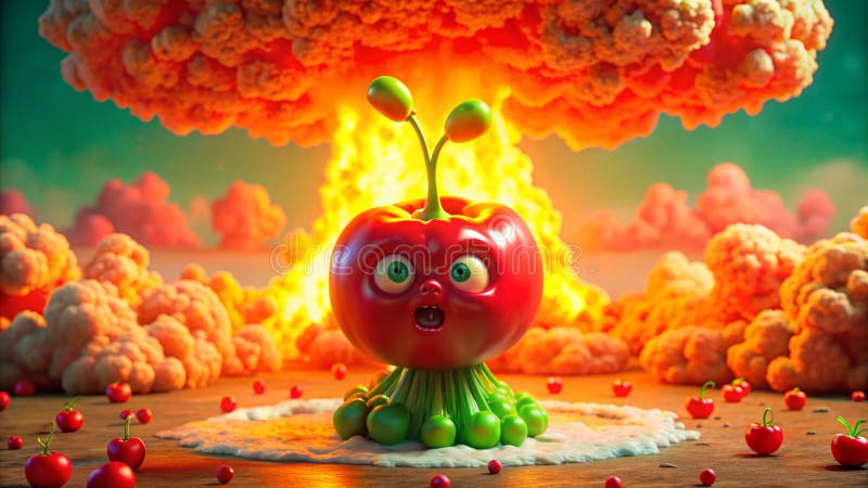 Angry Cartoon Cherry Bomb Exploding with Fire and Smoke. 3D ...