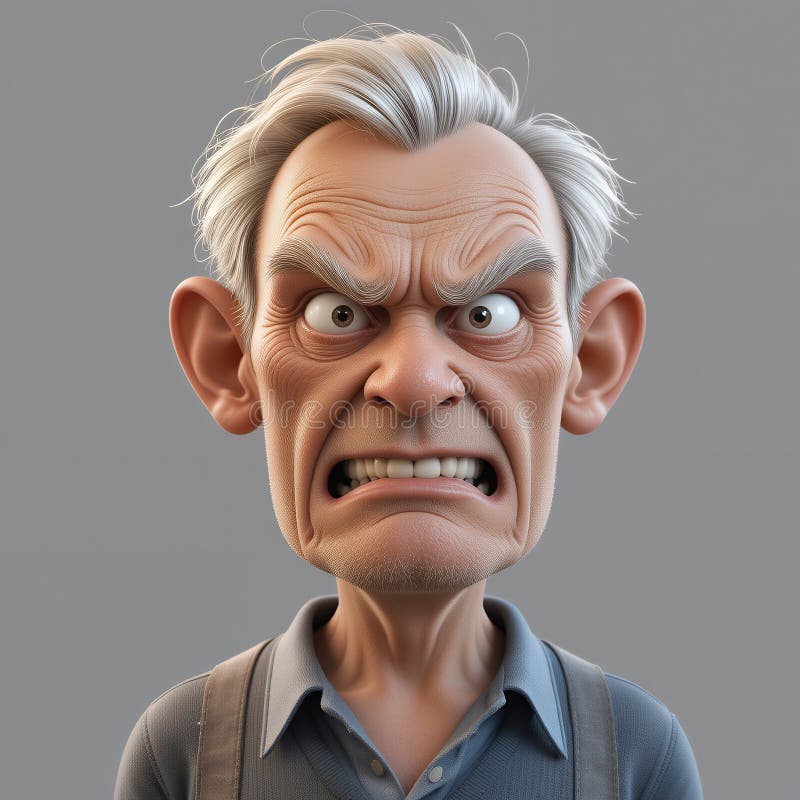 Angry Cartoon Old Man 3D Render: a Grumpy Expression Closeup Stock ...