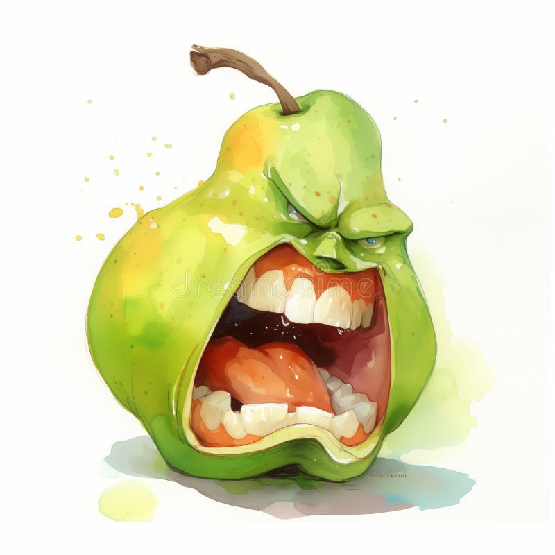 An Angry Cartoon Pear with Sharp Teeth and a Menacing Expression, Drawn ...