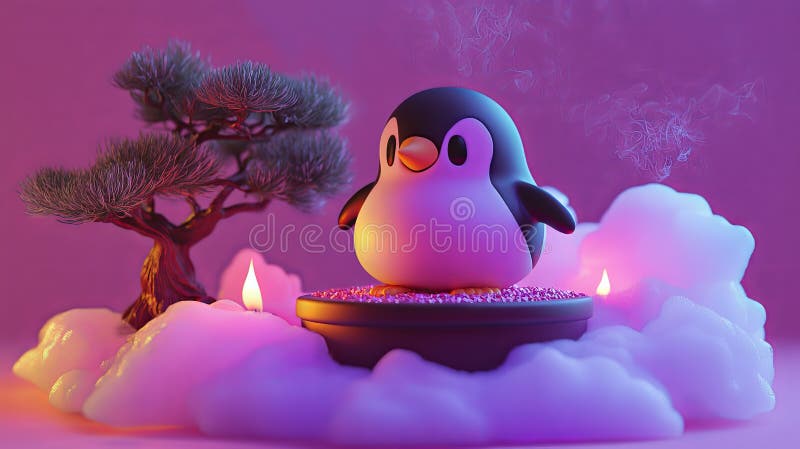 Angry Cartoon Penguin Sleeping on Cloud with Pink Lighting Stock Photo ...