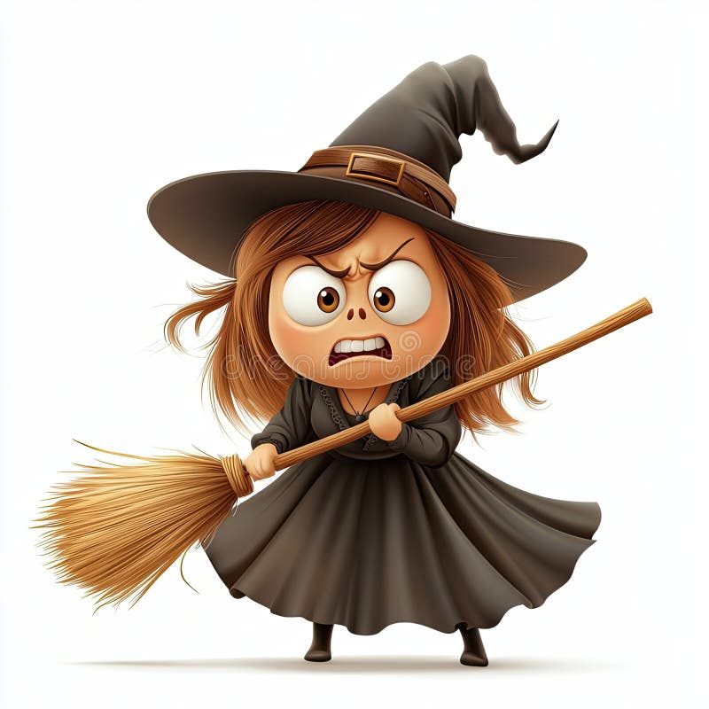 Angry Cartoon Witch Character Holding Broomstick, Ready for Action ...