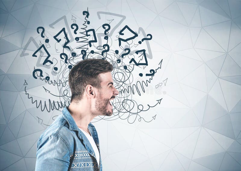 Angry Casual Man Shouting, Question Marks Stock Photo - Image of ...