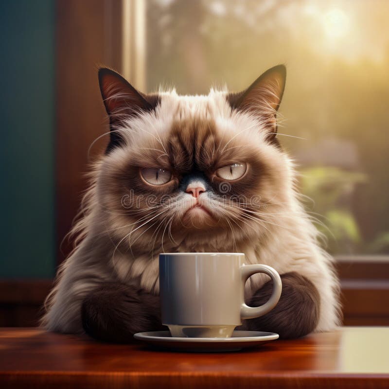 Angry Cat with a Cup of Coffee at the Table. Generative AI Stock ...