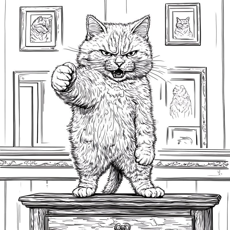 Angry Cat Standing on Table, Pointing Stock Illustration - Illustration ...