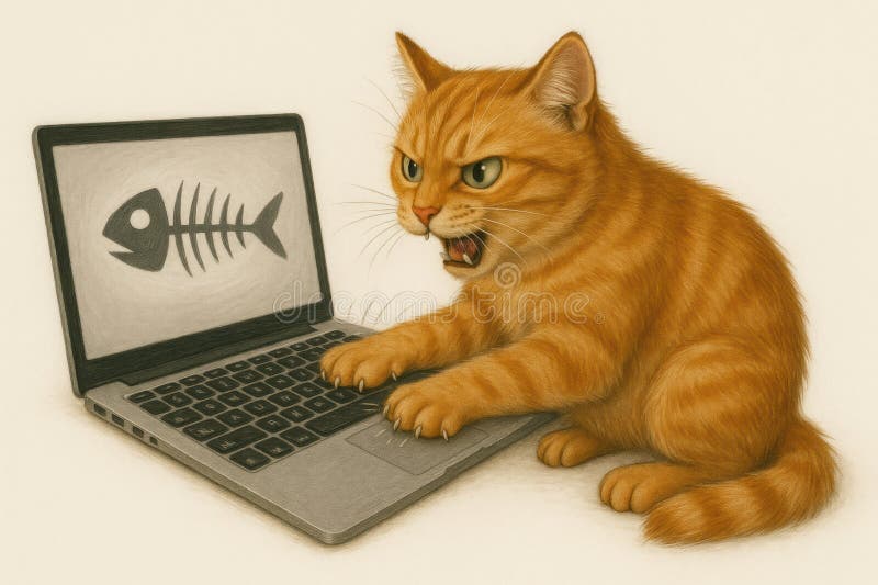 Angry Cat Typing on Laptop with Fish Bones on Screen. Stock Image ...