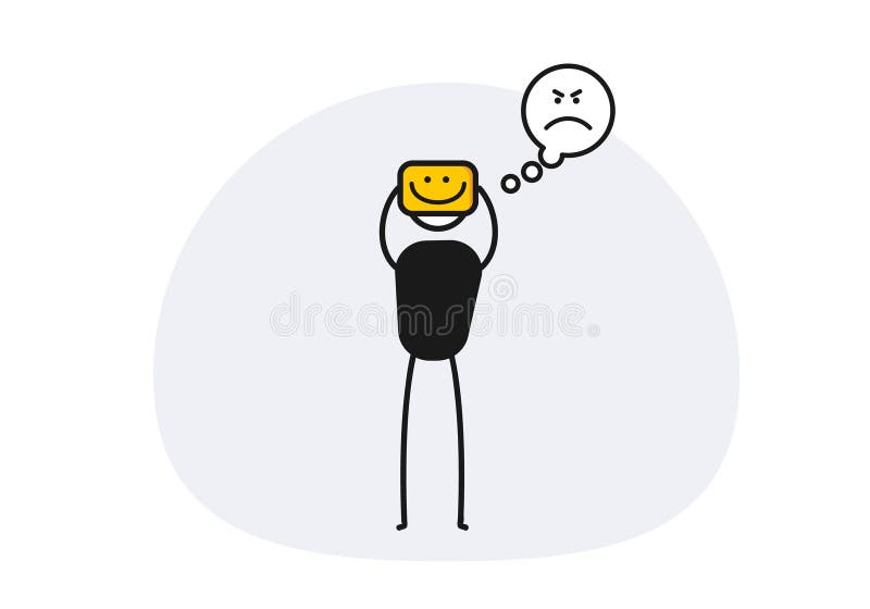 Angry Character Hiding True Emotions with a Smiling Face Mask. Vector ...